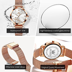 OLEVS Ladies Watch Fashion Rose Gold Diamond Analog Quartz Female Luxury Dress Wrist Watch Stainless Steel Luminous Waterproof Date Gift Watch for Women White Face reloj para Mujer