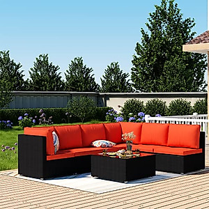 ESSENTIAL LOUNGER Outdoor Patio Furniture Set 7 Pieces Wicker Patio Conversation Set Outside Sectional Furniture Set Rattan Patio Sofa with Tempered Glass Table, Cushions & Pillows -Black,Orange
