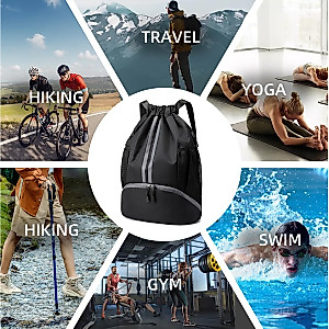Valleycomfy Sports Drawstring Backpack - Water Resistant String Bag with Side Mesh Pockets Shoe Compartment Gym Backpack for Women & Men Black