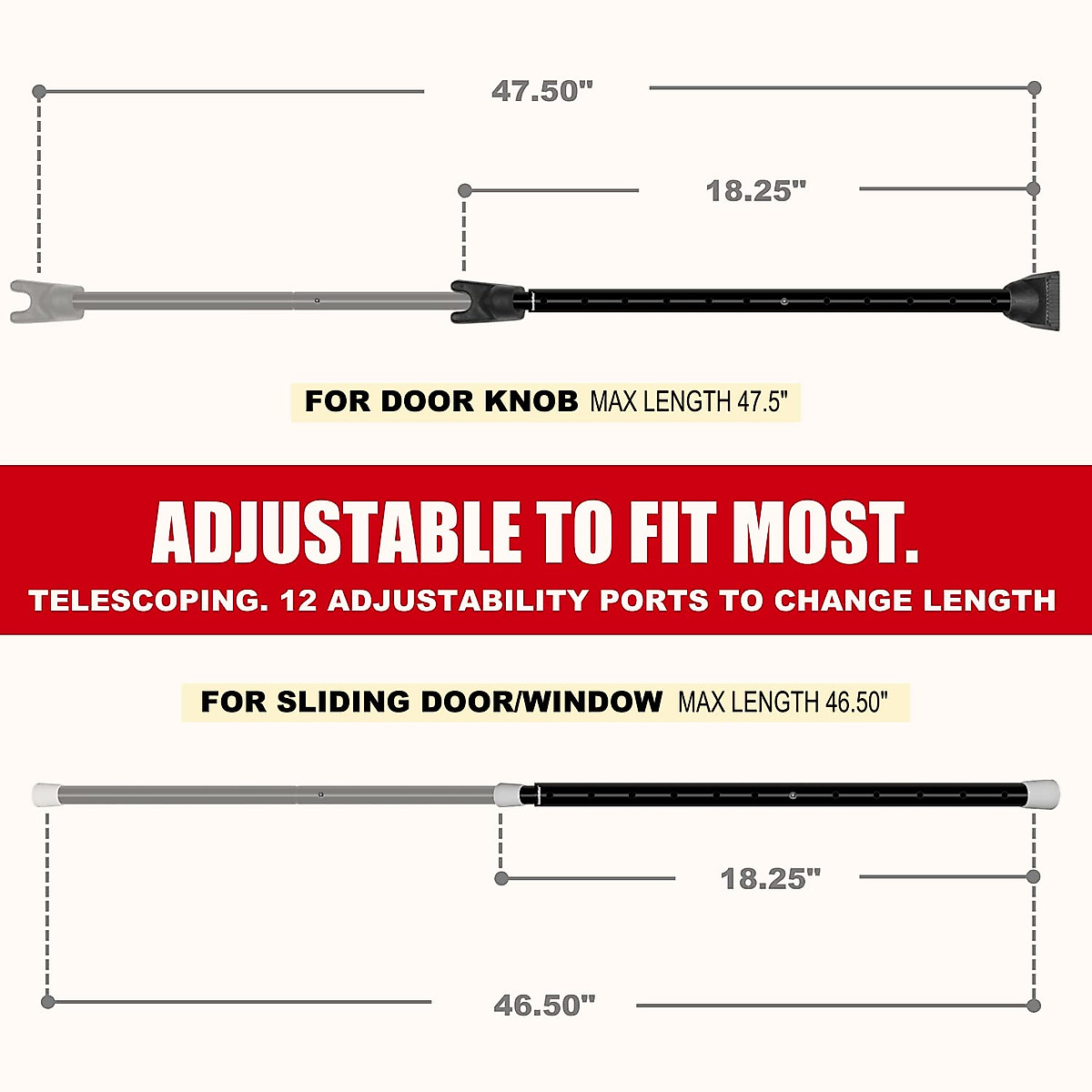 SECURITYMAN 2-in-1 Door Security Bar & Sliding Patio Door Security Bar (2 Pack) via Interchangeable Caps - Heavy Duty Iron Construction Door Stoppers for Home, Apartment, Travel Hotel - Black