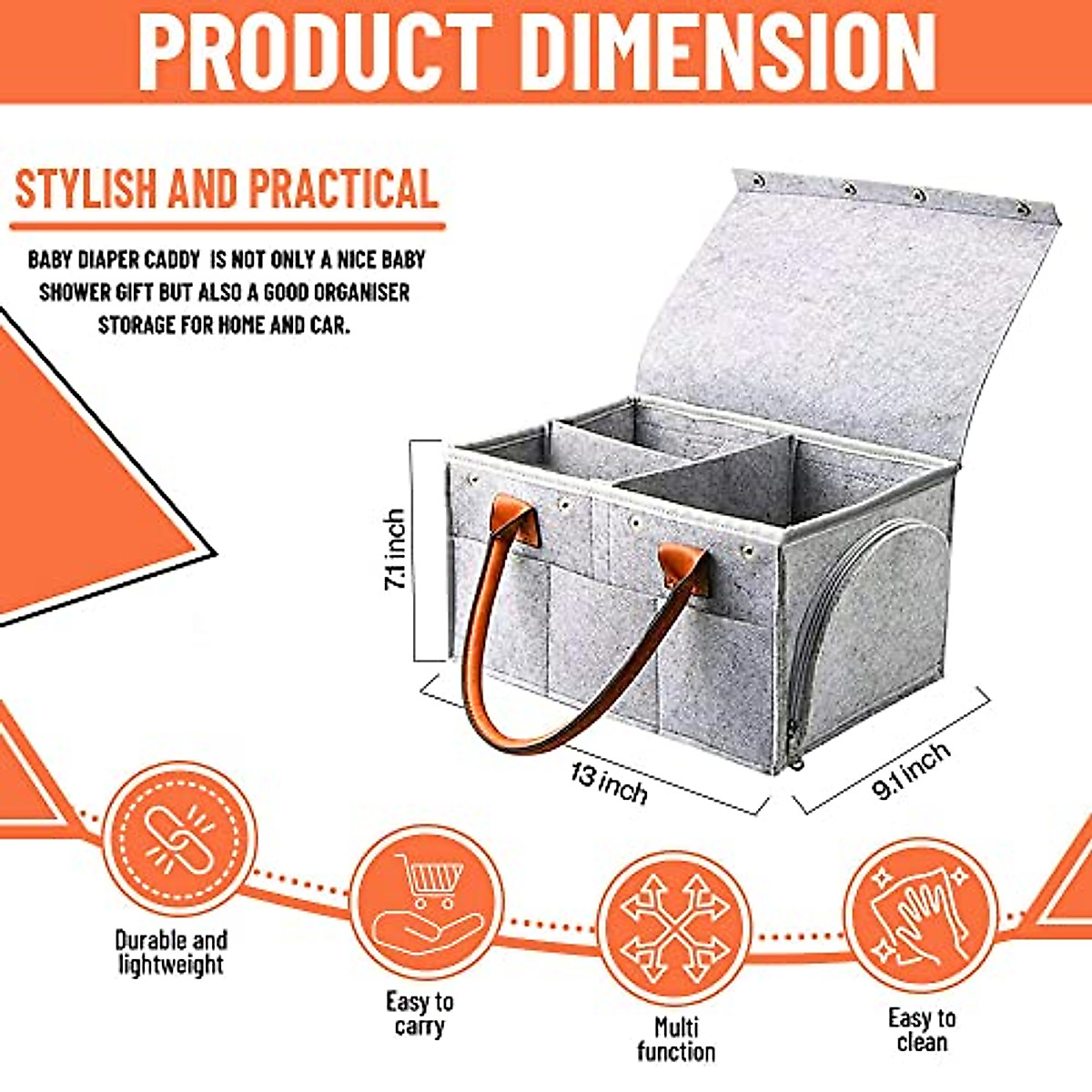 HayesLynn Baby Diaper Caddy Organizer - Baby Registry Search Tote Bag Storage Basket - Bin Car Diaper Baby Bag Portable with Lid and Removable Dividers - Changing Table Shower Caddy Bag