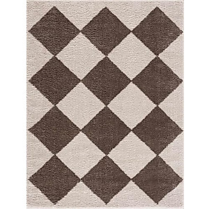 Hauteloom Arilla Modern Geometric Diamond Area Rug for Living Room, Bedroom - Machine Washable Area Rug - Contemporary Soft Cozy Shag Rug - High Pile - Peach, Dark Brown - 6'7" x 9' (6x9)