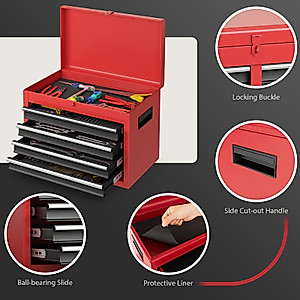 Goplus Tool Chest, 5-Drawer Rolling Tool Storage Cabinet with Detachable Top Tool Box, Liner, Universal Lockable Wheels, Adjustable Shelf, Locking Mechanism, Metal Tool Cart for Garage Workshop