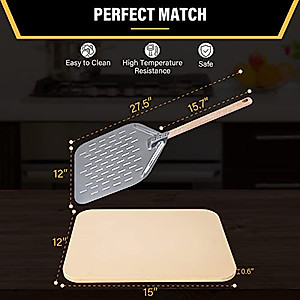 YAKSHA Pizza Stone for Oven and Grill 15" x 12" Large Pizza Grilling Stone and Peel Set with Pizza Cutter Wheel for BBQ, Rectangular Baking Stone for Crisp Bottoms Pies Pastry Bread Calzone
