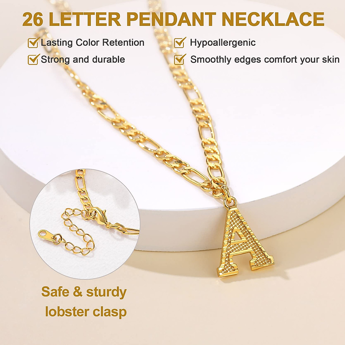 Gold Plated Diamond Cut Letter Initial T Pendant Necklace for Women A-Z Name Jewelry 16Inch/18inch Figaro Choker Chain Adjustable Personalized