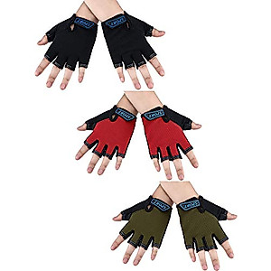 3 Pairs Kids Bike Gloves Half Finger Gloves MTB Road Sport Gloves Anti-Slip Gel Gloves for Children Cycling Biking Breathable Gloves (Black, Army Green, Red, 6-10 Years)
