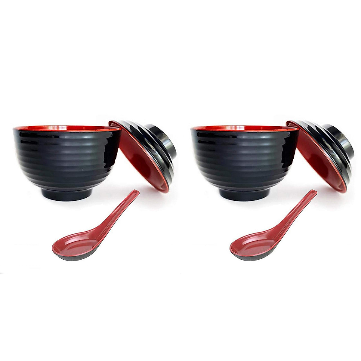 JapanBargain 3422, Set of 2 Japanese Style Soup Bowl with Lid and Spoon Set Miso Soup Bowl Rice Bowl Snack Bowl Dessert Bowl Appetizer Bowl, Black and Red Color, 11 oz