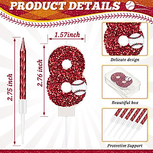 MTLEE Baseball Birthday Number 8 Candle with 10 Long Thin Cupcake Candle Red Baseball Cake Topper Sequins Sports Theme Baseball Birthday Decorations Party Cake Candles for Anniversary Celebrations