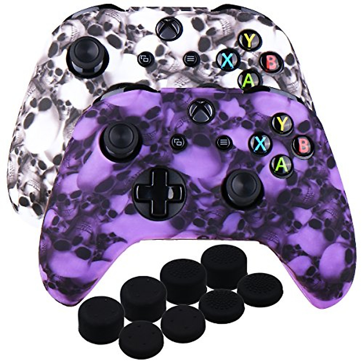 9CDeer 2 Pieces of Silicone Water Transfer Protective Sleeve Case Cover Skin + 8 Thumb Grips Analog Caps for Xbox One/S/X Controller, Skull White & Purple