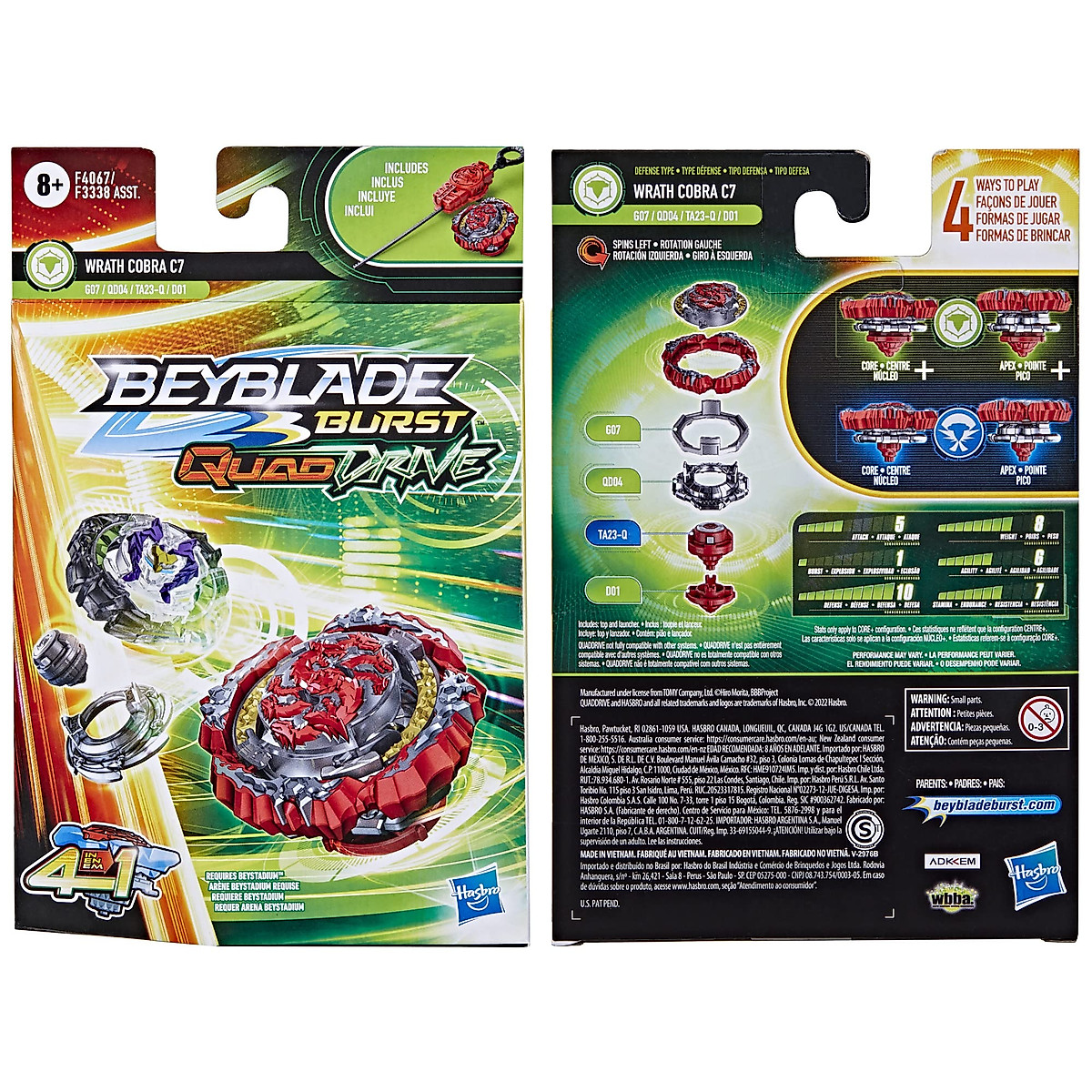 Beyblade Burst QuadDrive Wrath Cobra C7 Spinning Top Starter Pack - Defense/Attack Type Battling Game with Launcher, Toy for Kids