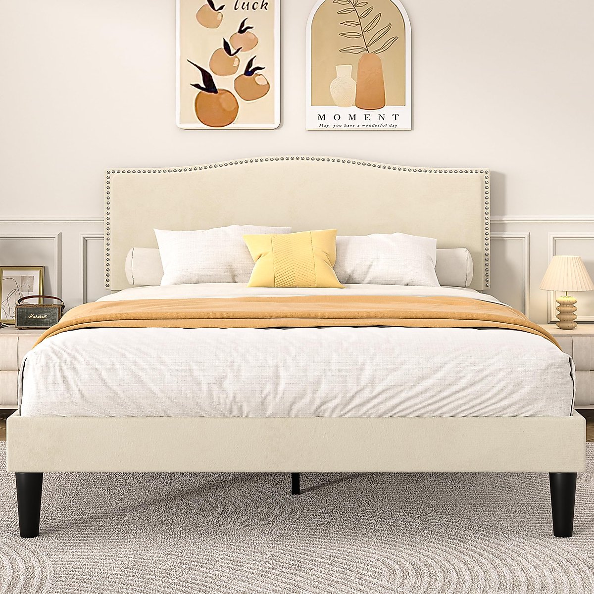 VECELO Queen Bed Frame Platform Bed Frame with Upholstered Headboard, Strong Frame and Heavy-Duty Slats Support, Non-Slip and Noise-Free, Easy Assembly,Beige