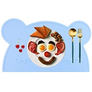 M MOACC Toddlers Non-Slip Silicone Placemat Cute Bear Kids Placemats Washable Dining Table Food Mat for Children Baby,Blue