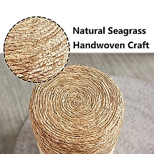 Wimarsbon Natural Seagrass Foot Stool, Hand Weaving Round Ottoman, Poof Pouffe Accent Chair, for Living Room, Bedroom, Nursery, kidsroom, Patio, Gym, Outdoor Seat - Natural & Blue