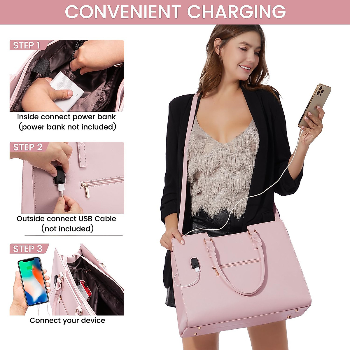 LOVEVOOK Laptop Bag for Women, Large Computer Tote Bag Handbag Shoulder Bag With Clutch Purse, Business Work Briefcase Travel Bag, 2 PCs 15.6-inch, Pink-White