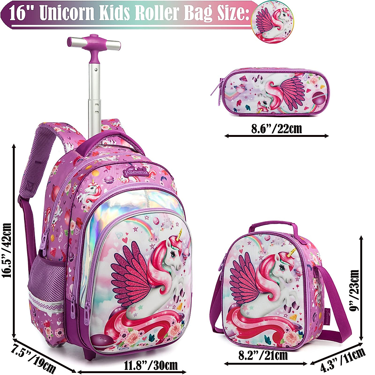 Egchescebo Kids Rolling Unicorn Backpack for Girls Kids Luggage Kids Suitcase With Wheels Trolley Wheeled Backpacks for Girls Travel Bags 17” 3PCS Backpack With Lunch Box Red School Bags Purple