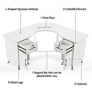 BarberPub L-Shaped Nail Table with Storage Corner Manicure Desk with Drawers and Cabinets Home Office Workstation 2672 (White)