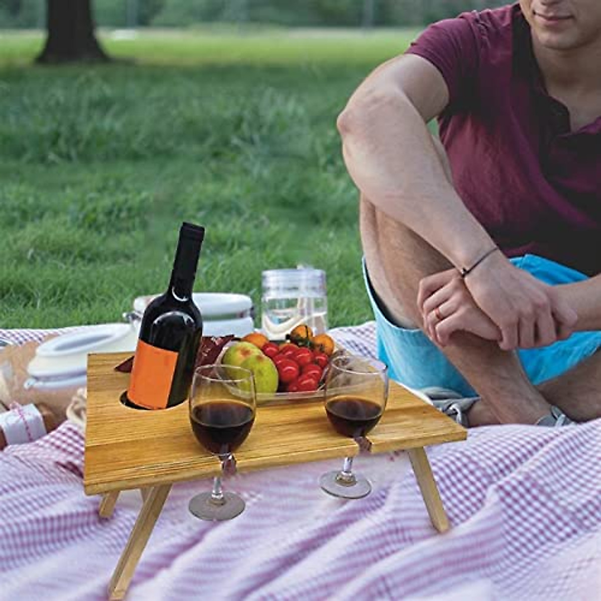 SUNESA Portable Picnic Table Outdoor Foldable Table Folding Picnic Tray Glasses Cups Bottle Rack Cheese Snack Holder Foldable Camping Table