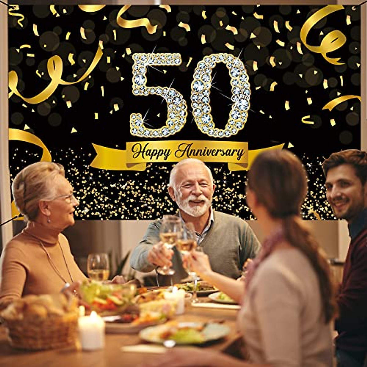 DARUNAXY Black Gold 50th Anniversary Party Decorations Happy 50th Anniversary Banner Cheer to 50 Years Backdrop 50 Wedding Anniversary Party Supplies for Parent 50th Anniversary Photography Background