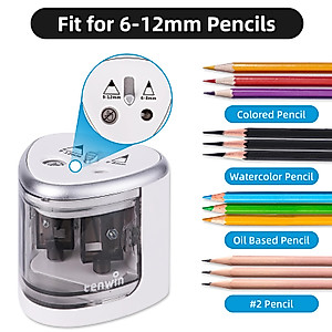 tenwin Electric Pencil Sharpener for Colored Pencils, Battery Operated Pencil Sharpeners for No.2 and 6-12mm Pencils, Dual Hole for Office School Artists Adults Kids Use（Silver）