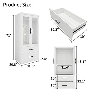 Keloyid Wooden Armoire Wardrobe Closet with Glass Door, Bedroom Armoire Storage Cabinet, 4 Door Modern White Armoire Wardrobe Closet with Hanging Rod for Bedroom