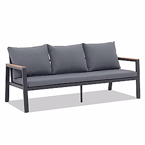 JOIVI Outdoor Couch, 3-seat Aluminum Outdoor Sofa with Teak Arms, Patio Couch with Teak Wood Armrest, High-Density Sponge, 3-Seater Aluminum Frame Couch for Outside Poolside, Lawn, Backyard, Gray