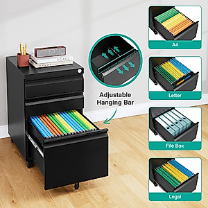 3 Drawer File Cabinet with Lock,Under Desk File Cabinet with Wheels,Black Rolling File Cabinet,Three Drawer Metal Filing Cabinet for Home Office,Fit A4/Letter/Legal File,Fully Assembled Except Casters