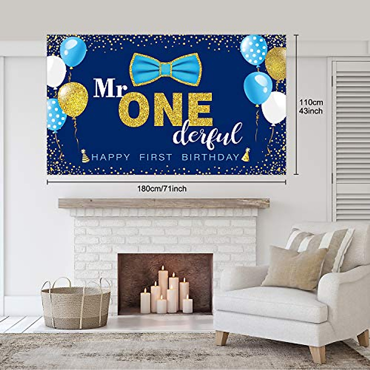 Mr. Onederful Birthday Party Decorations for Boys Happy 1st Birthday Banner Backdrop Large First Birthday Cake Table Decor Mr One Party Favor Supplies (Blue and Gold)