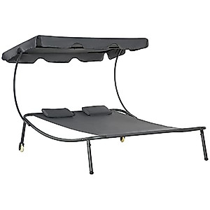 Outsunny Patio Double Chaise Lounge Chair, Outdoor Wheeled Hammock Daybed with Adjustable Canopy and Pillow for Sun Room, Garden, or Poolside, Grey