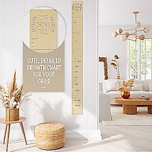 Beautiful Wooden Growth Chart for Kids - Upgraded Easy Install Version - The Perfect 6.5 ft Height Measurement Chart w Stickers to Track Your Kids Growth - Modern Boho Nursery Or Playroom Wall Decor
