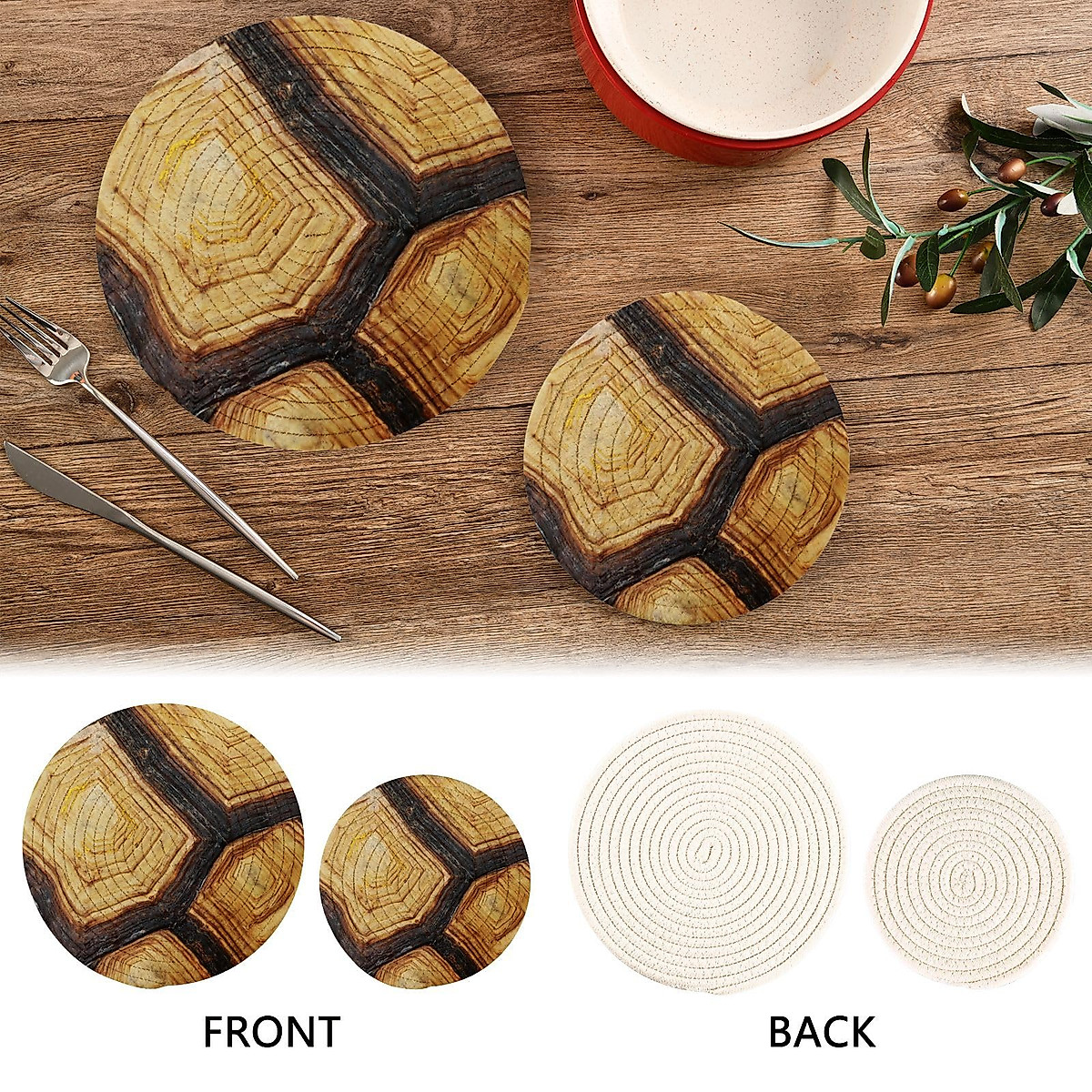 Turtle Shell Round Trivet Mat 2PCS Carapace Print Cotton Rope Placemats Pot Holder Set Kitchen Decor Table Hot Pads Coasters for Hot Dish Counter Tops Farmhouse Coasters Protector Mats