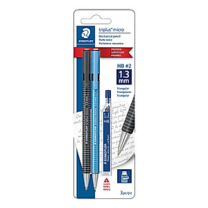 Staedtler triplus micro 1.3mm Lead Retractable Mechanical Pencil with Twist Eraser, 6 refills, 2-Pack, 77413SBKA6, Model: 77413SBKA6ST