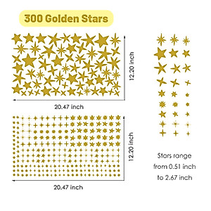 Gold Stars Wall Decals 300pcs Metallic Stars Stickers Sparkle Removable Peel and Stick for Nursery Art Fairy Room Decor Girls Bedroom