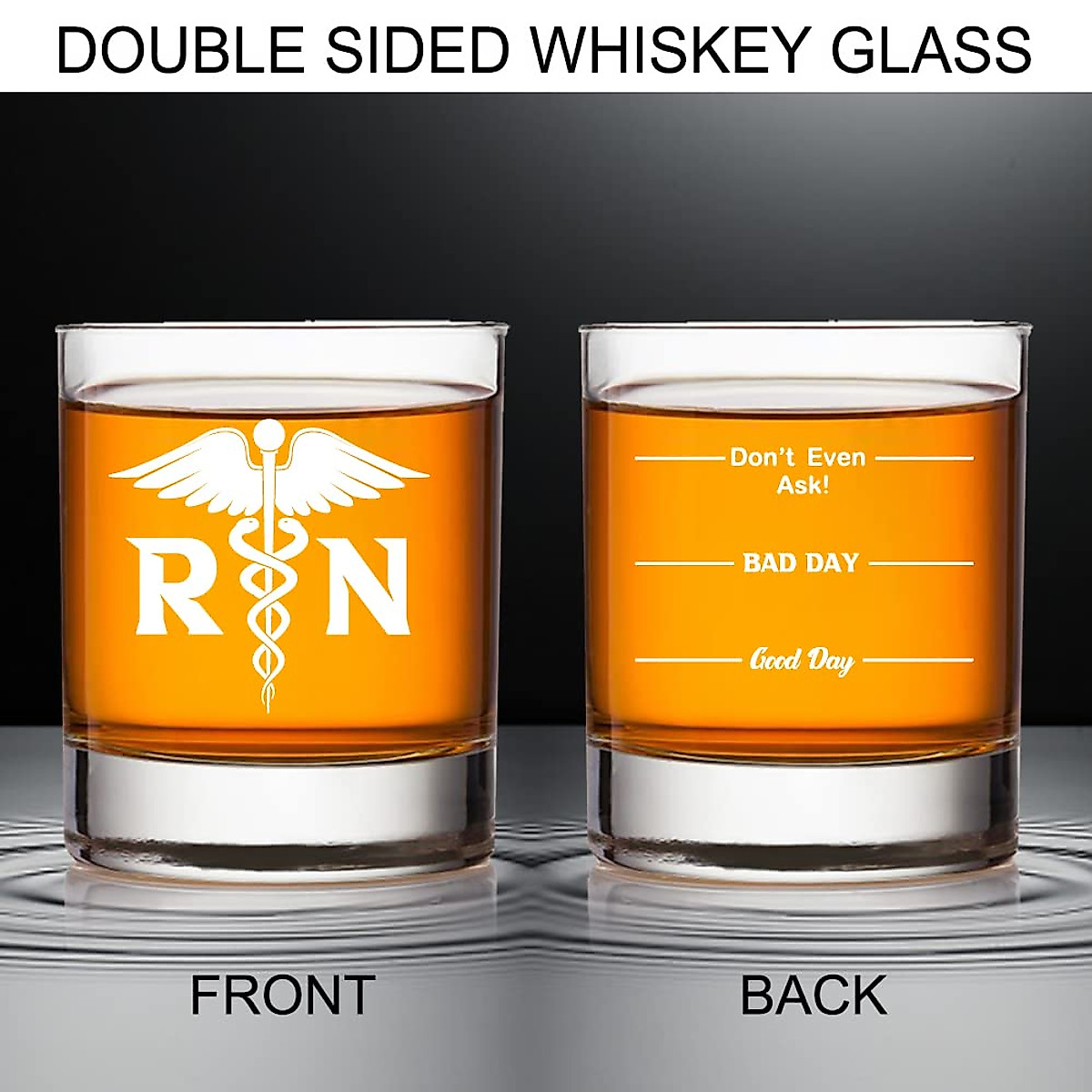 AGMDESIGN Funny Double sided Good Day Bad Day Don't Even Ask RN Registered Nurse Whiskey Glasses Gift Box , Registered Nurse Graduate Gift, Great Gift for Nurses, RN, or Nursing Graduation