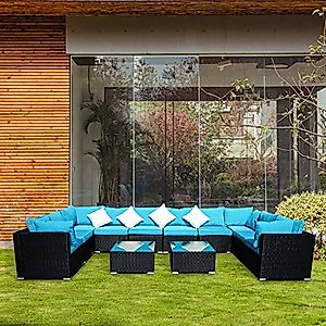 12 Pcs Outdoor Patio Furniture Sets Blue, Rattan Sofa with Cushion and Clips, PE