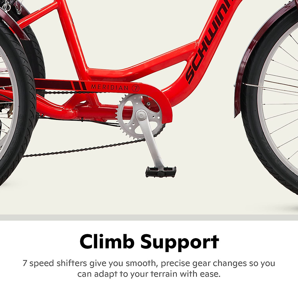 Schwinn Meridian Adult Tricycle Bike, Mens and Womens Three Wheel Beach Cruiser, 26-Inch Wheels, Low Step-Through Frame, Wide Seat, Rear Folding Basket, 7-Speed, Red