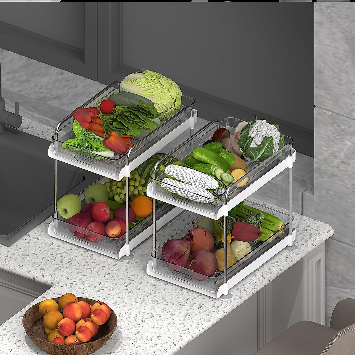 Alwytlon 2 Sets of 2-Tier Under Sink Organizer and Storage, Sliding Bathroom Cabinet Organizer with Hooks, Multi-purpose Pull Out Storage Shelf for Bathroom Kitchen, transparent & White