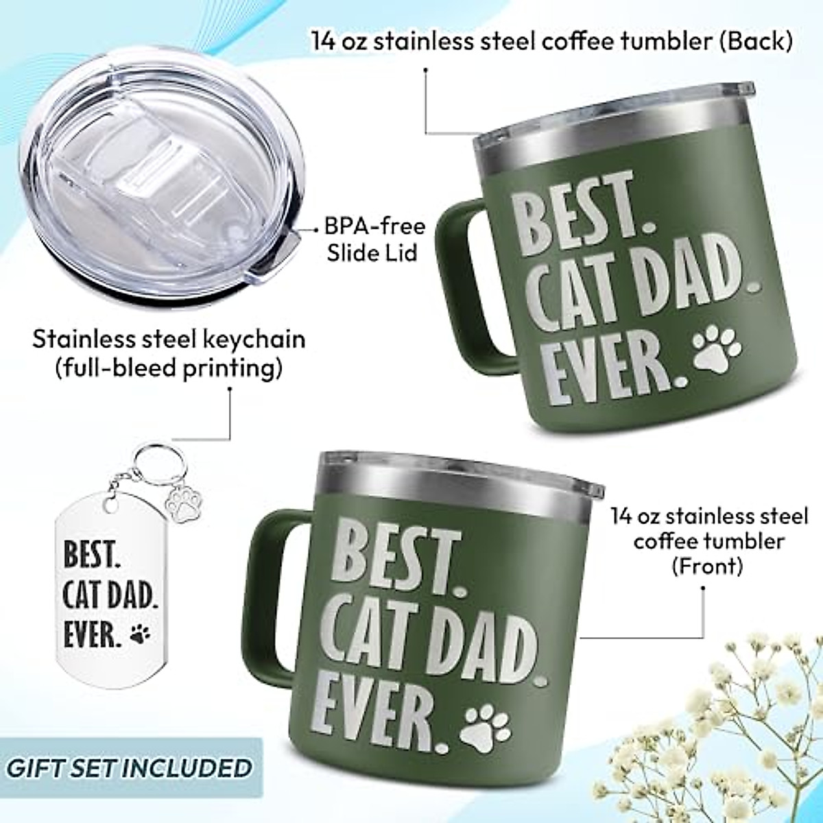 Hyturtle Best Cat Dad Ever Coffee Mug - Forest Green Tumbler 14 Oz - Gifts For Dad from Daughter Son - Birthday Gifts for Men - Fathers Day & Christmas