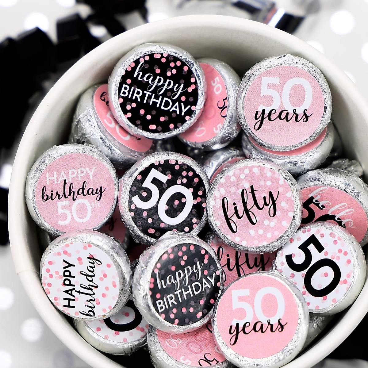 Pink, Black, and White 50th Birthday Party Favor Chocolate Kisses Candy Stickers - 180 Count