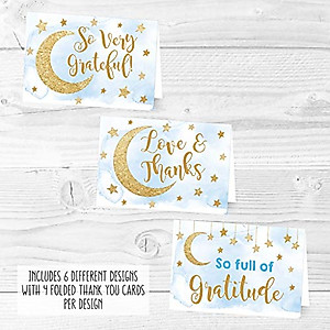 24 Blue Stars Baby Shower Thank You Cards With Envelopes, Kids Thank-You Note, 4x6 Gratitude Card Gift For Guest Pack For Party, Birthday, For Boy Children, Cute Angel Twinkle Moon Event Stationery