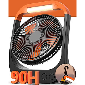 Koonie 8in 20000mAh Camping Fan with Timer, LED Lantern and Hook, 90hrs Rechargeable Battery USB Fan with 4 Speeds, 350°Head Rotation, Desk Table Fan for Bedroom, Outdoor, Tent, Travel, Picnic