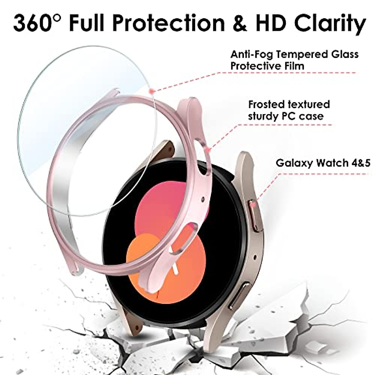 KIMILAR [5+5 Pack] Galaxy Watch 5/Galaxy Watch 4 Screen Protector Case 40mm, Anti-Fog Tempered Glass and Hard PC Protective Bumper Compatible with Samsung Galaxy Watch 5 40mm and Galaxy Watch 4 40mm