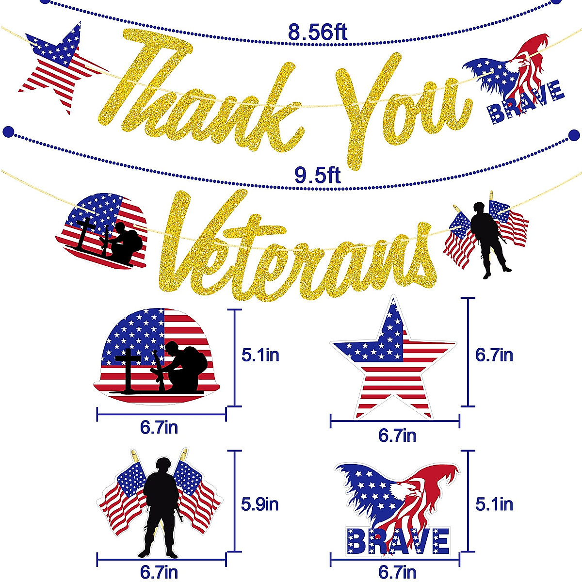Veterans Day Banner, Thank You Veterans Glitter Letter Banner Cardstock Paper Garland Patriotic Party Decorations