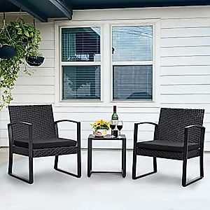 JUMMICO Patio Chairs 3 Piece Outdoor Furniture with All Weather Plastic Seat & Metal Frame Patio Conversation Set for Porch, Balcony, Poolside (Black)