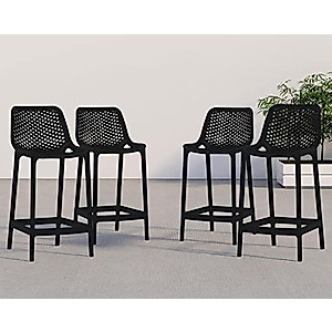 Meridian Furniture 330Black Mykonos Collection Modern | Contemporary Outdoor Patio Stool with Black Polypropylene Plastic, Weather Resisting, 17.5" W x 21" D x 38" H, Black, Set of 4