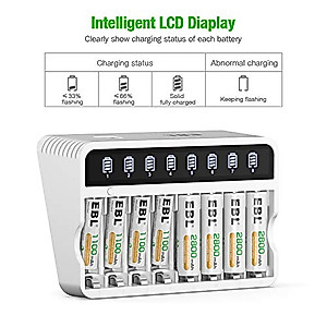 EBL 8 Bay AA AAA Battery Charger with Discharge Function for AA AAA Ni-MH Ni-CD Rechargeable Batteries - with LCD Display and 2 USB Output Port