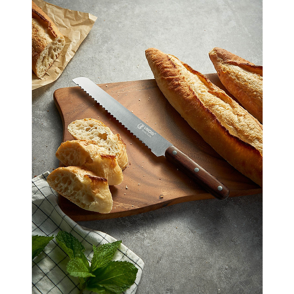 UMOGI Bread Knife 8 Inch with Sheath - German High Carbon Stainless Steel, Ergonomic Grip Full Tang Wood Handle - Serrated Edge Home Kitchen Knife for Bread Tomatoes & Cake