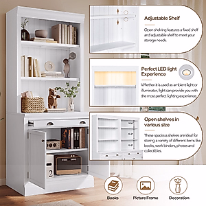 Linique 2PCS Modern Tall Bookshelf with LED Lights, Drawers, Open Shelves & Doors, Storage Bookcase with Adjustable Shelves for Living Room, Bedroom, Home Office, White