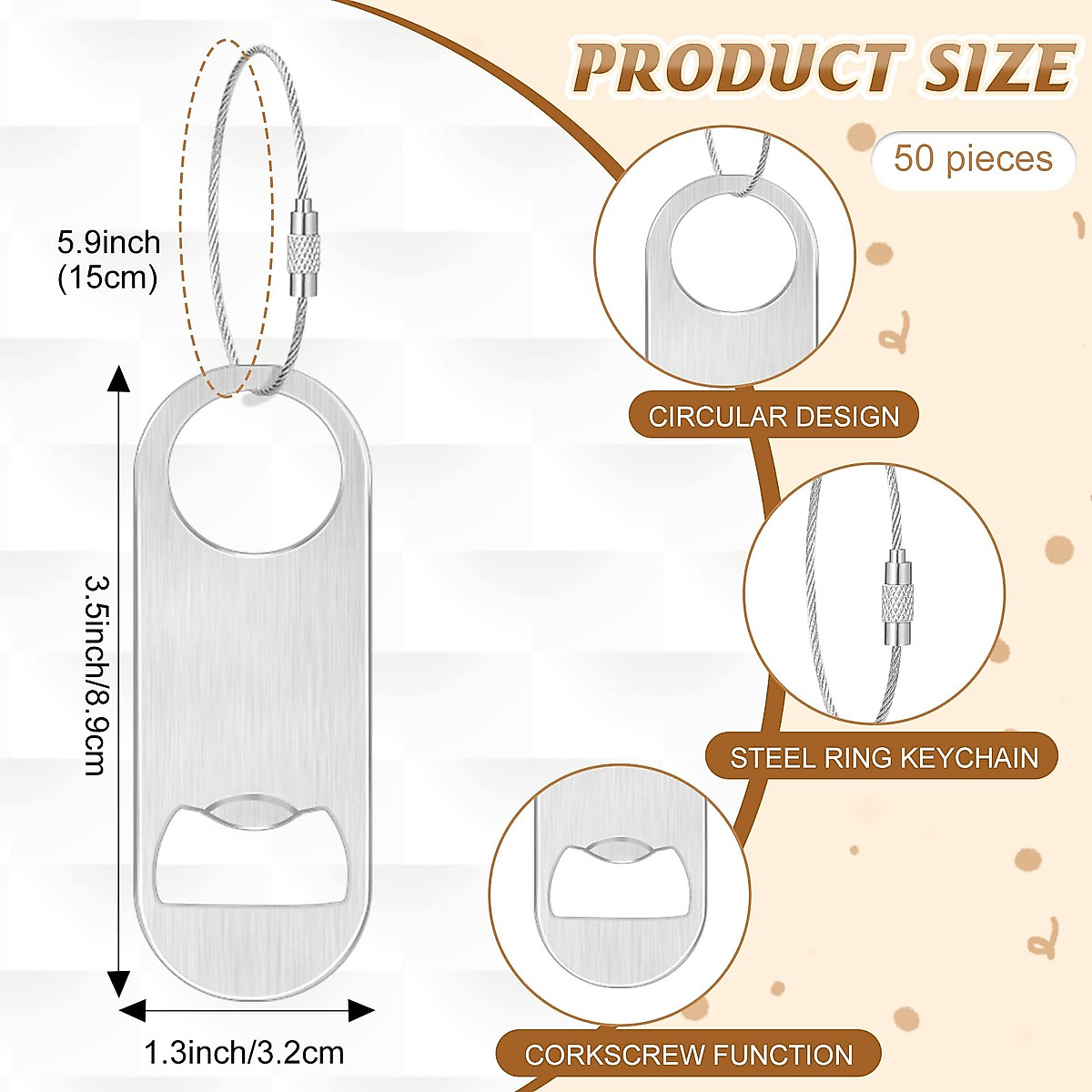 50 Pieces Stainless Steel Flat Bottle Opener with Keychain Beer Opener Bulk Soda Beverage Opener for Men Women Bartender Kitchen Bar Restaurant Tool, 3.5 x 1.3 Inches (Silver)