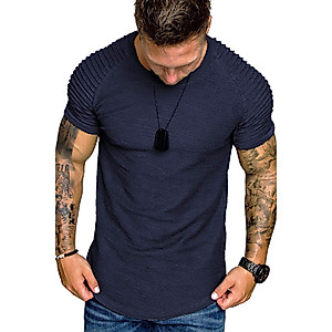 COOFANDY Mens Stylish Shirts Pleated Sleeve Fashion Hip Hop Tee Navy Blue L
