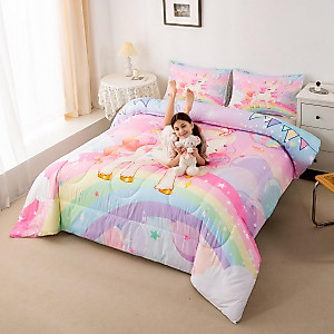 Feelyou Unicorn Girls Bedding Set Twin Rainbow Kids Pink Unicorn Comforter Set Kawaii Cute Reversible Stars Quilt Comforter Teens Children Adults Cartoon Unicorn Room Decor All Season